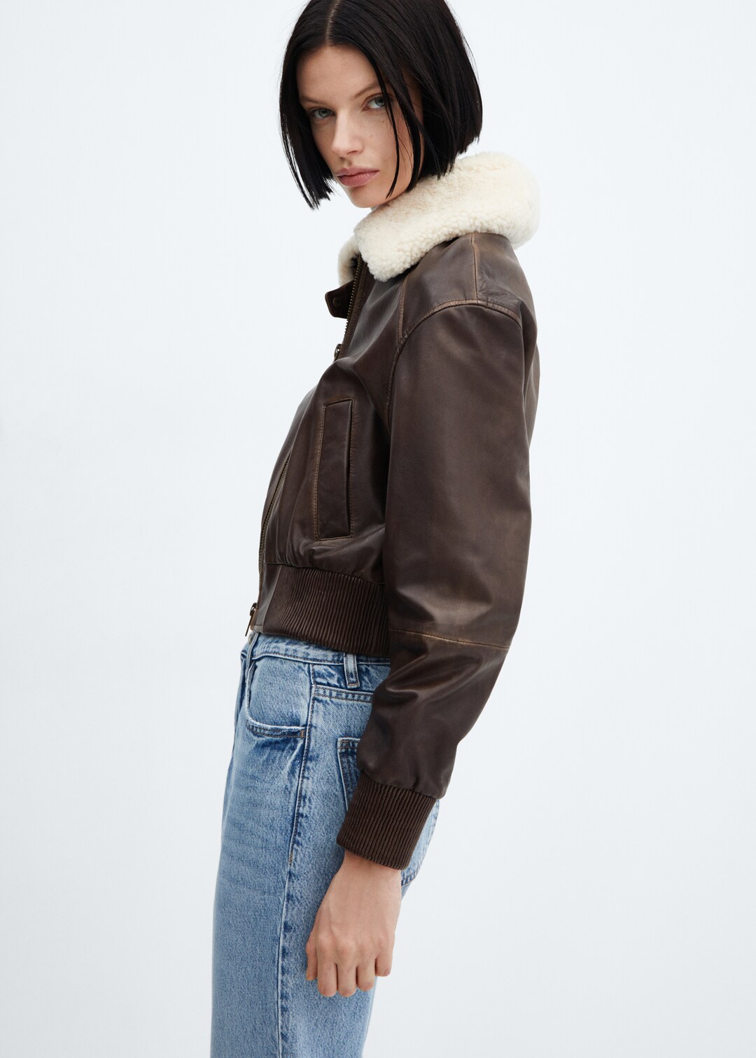 Leather bomber jacket with shearling collar - Women | MANGO OUTLET USA