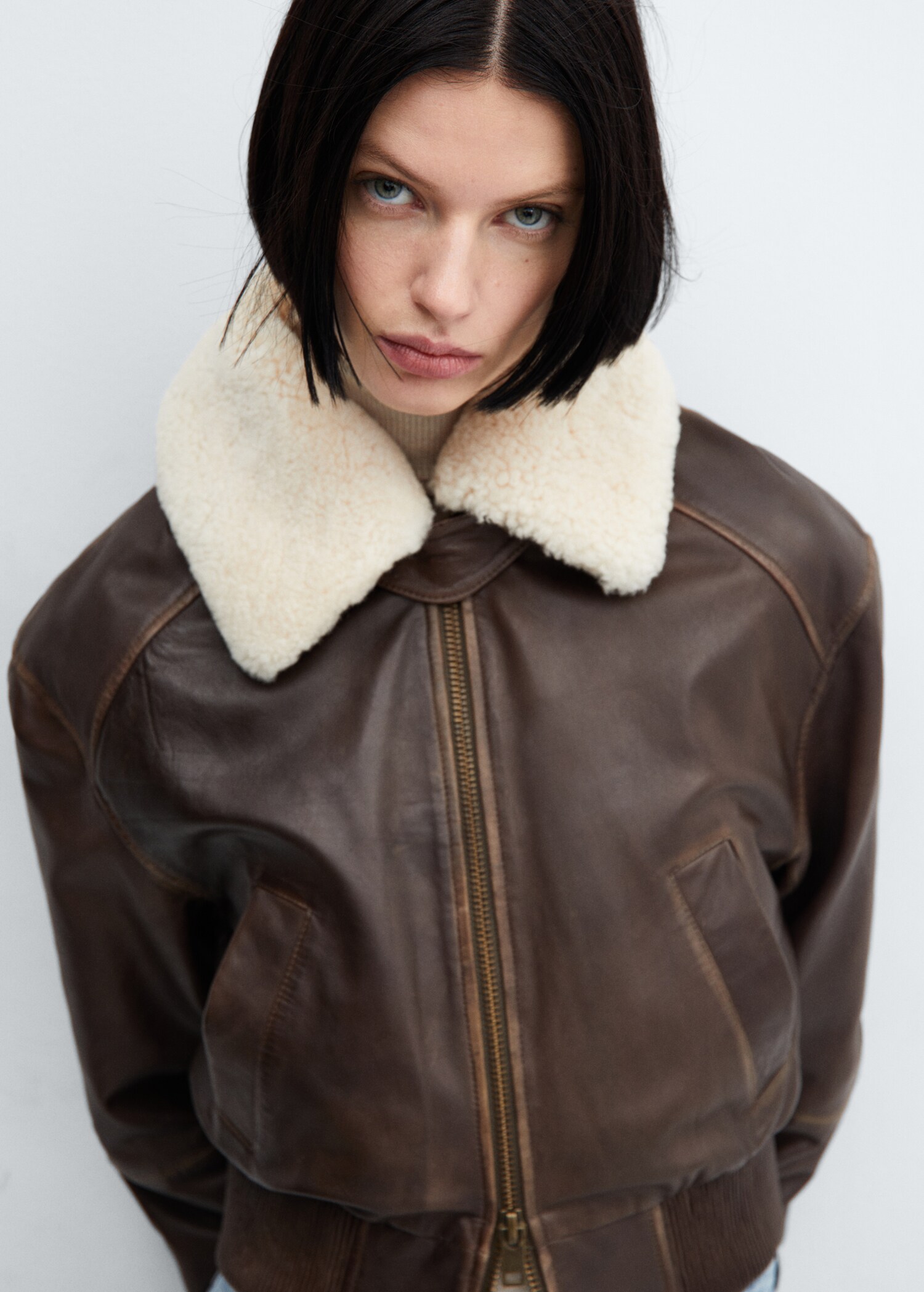 Leather bomber jacket with shearling collar - Women | MANGO OUTLET USA