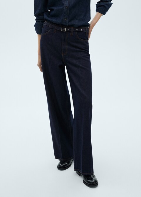 Rinse-wash wide leg jeans with belt - Women | MANGO OUTLET USA
