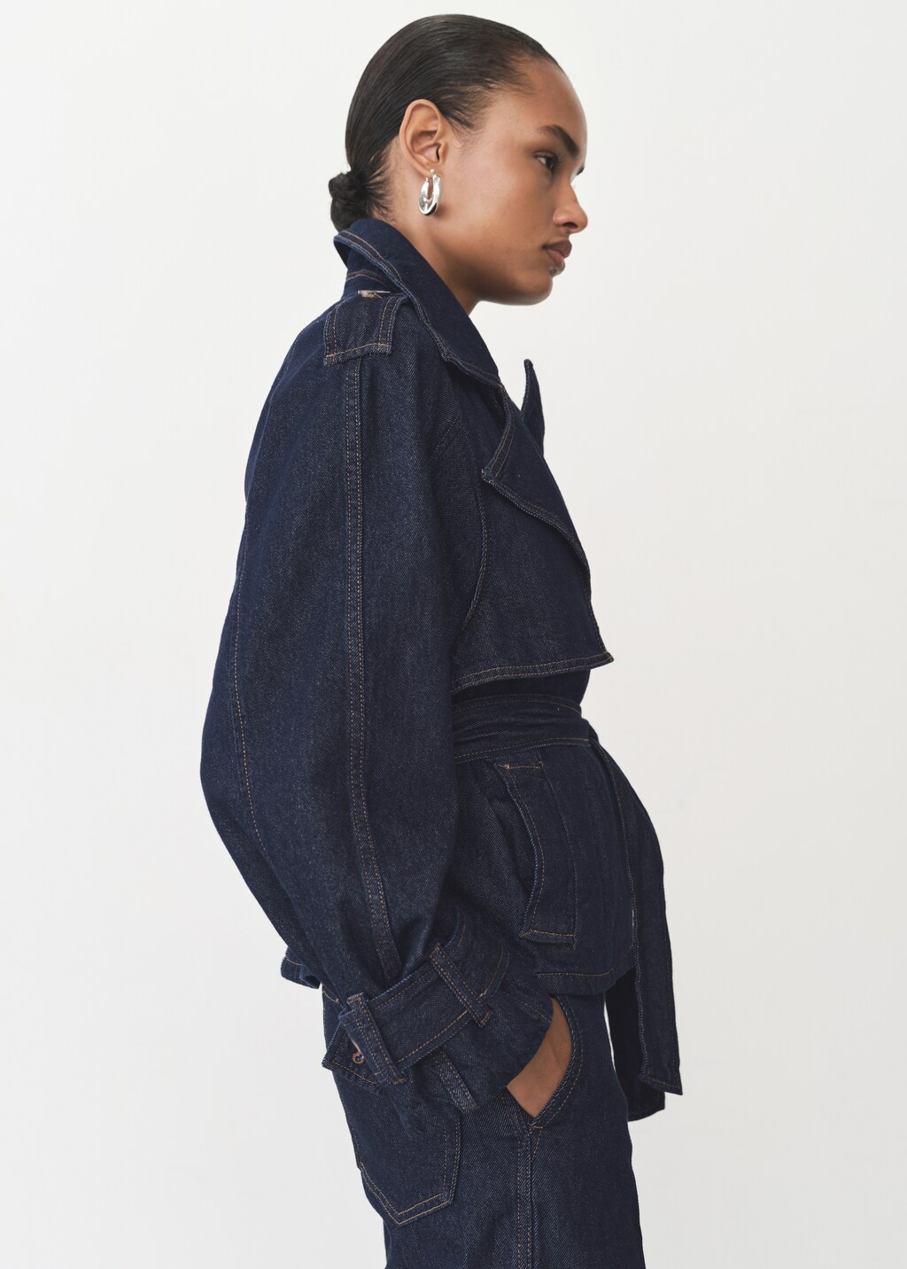Short denim trench coat with belt - Women | MANGO OUTLET USA